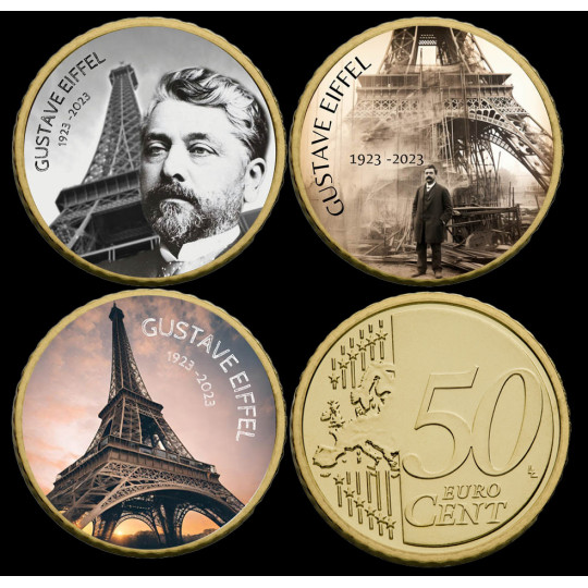 Série complète 50 cts commémoratives domés couleurs 2023 – Centenaire de la mort de Gustave EIFFEL
